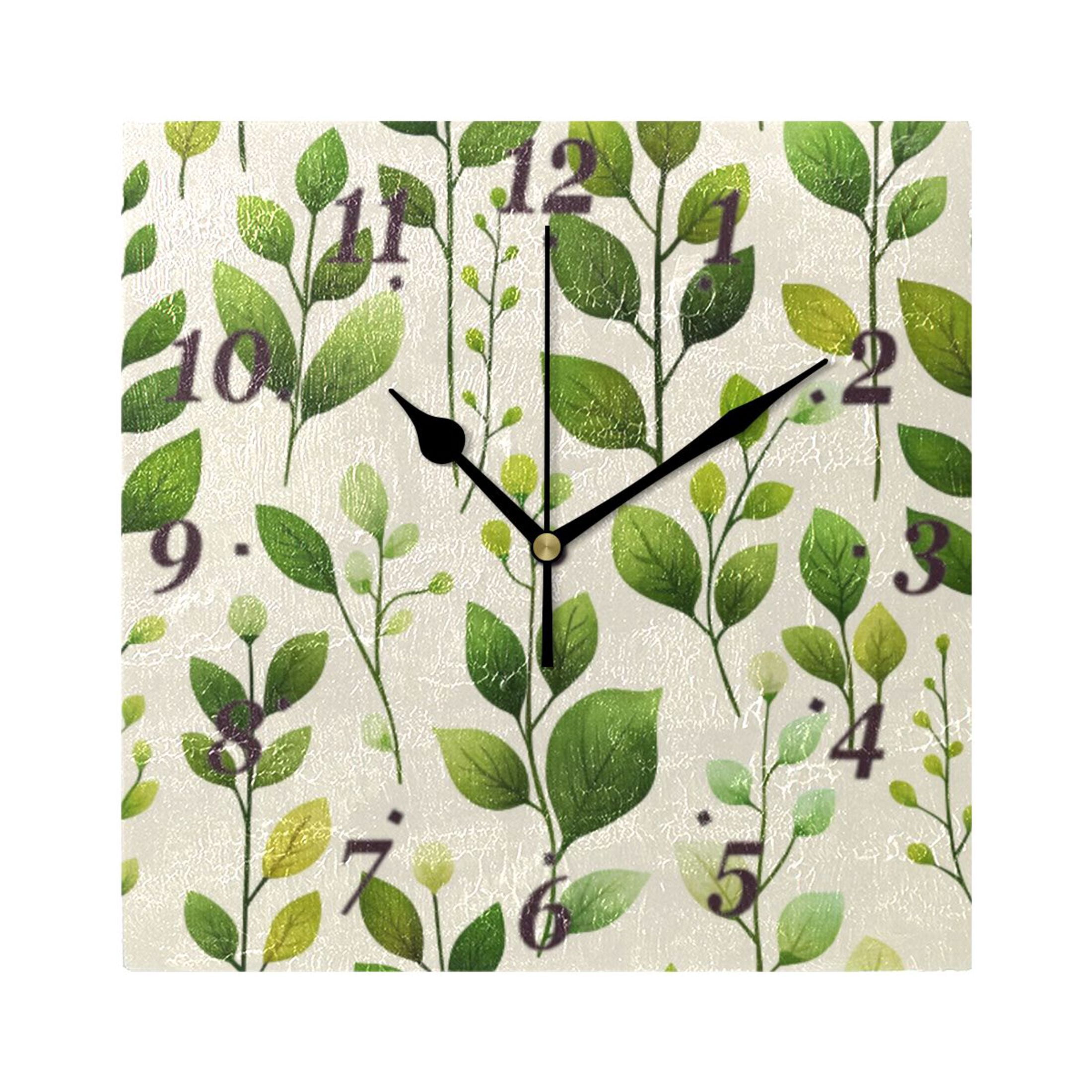 Soft Green Leaves Wall Clock Square Clock Decoration Creative Clock ...