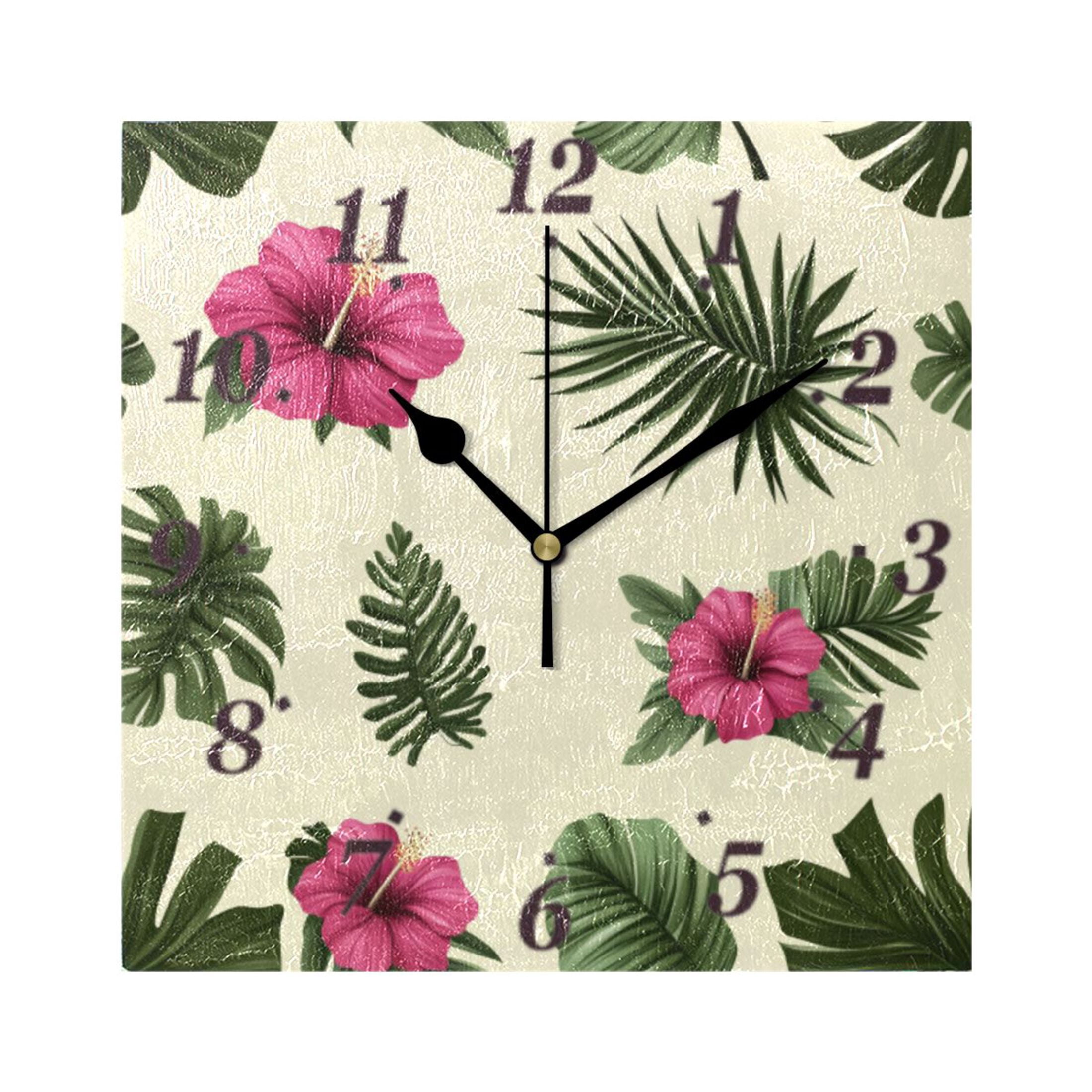 Tropical Hibiscus and Leaves Wall Clock Square Clock Decoration ...