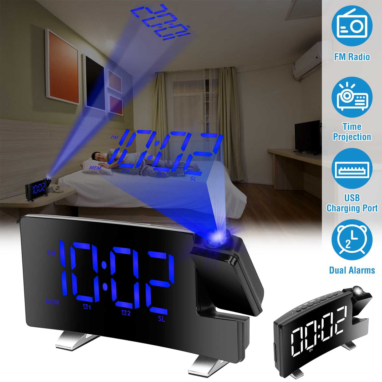 7.7In Curved-Screen LED Digital Alarm Clock Projection Alarm Clock w ...