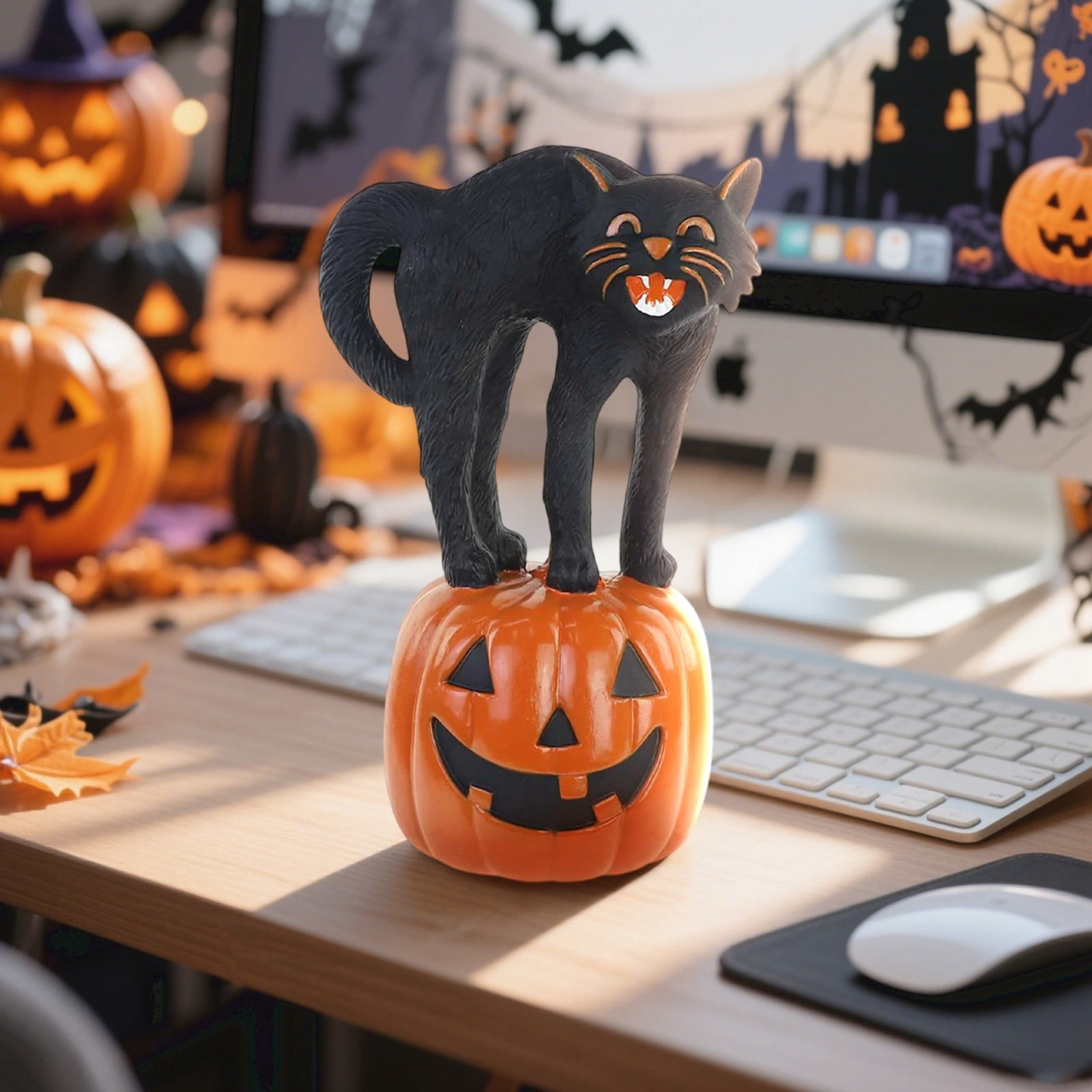 7.8" Happy Haunting Black Cat & Jack-o'-Lantern Blow Mold, Kawaii Black ...