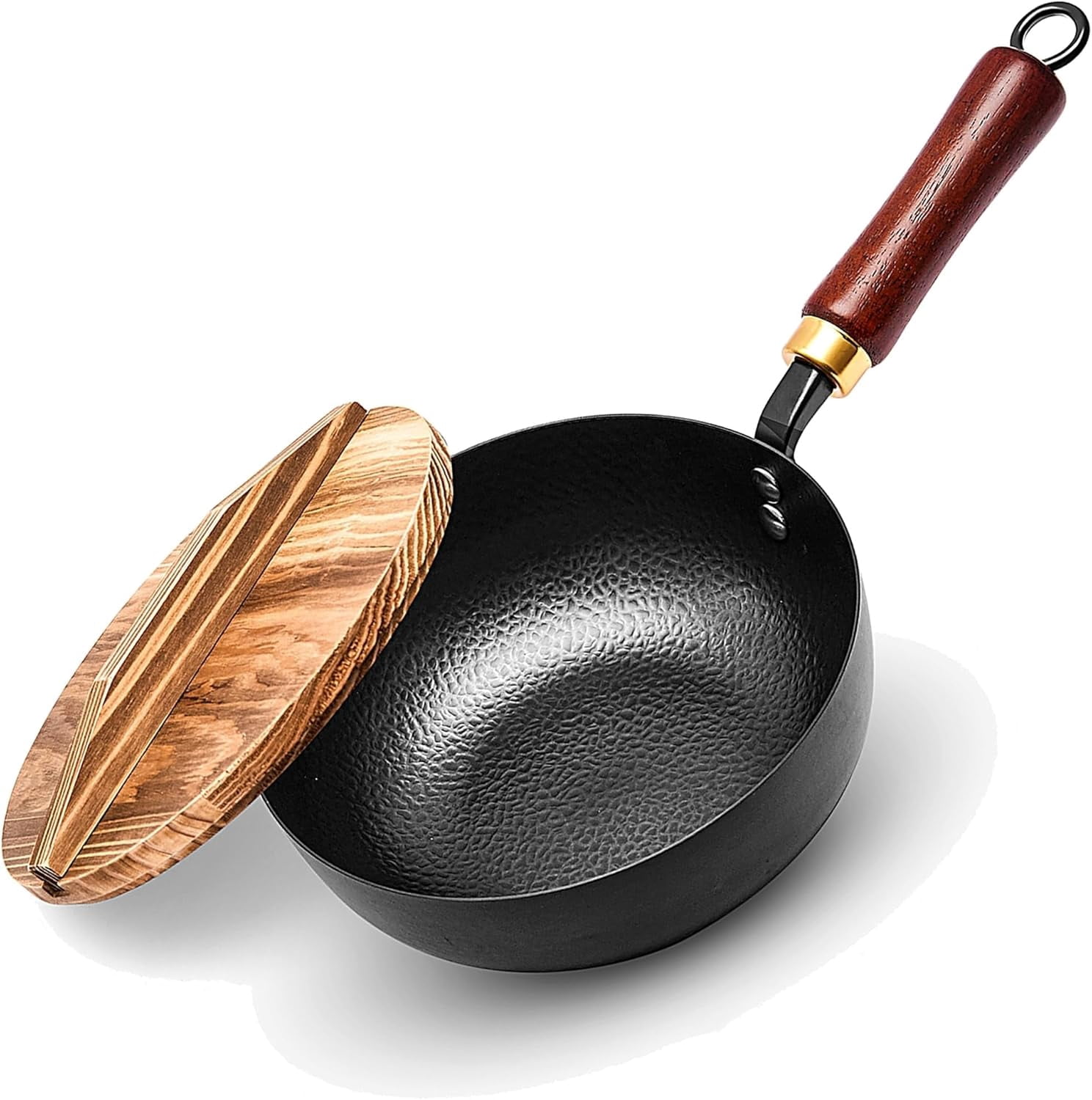 7.8 Inch Small Wok, Cold-Forged Iron Pot with Wooden Lid & Handle, 1.6 ...