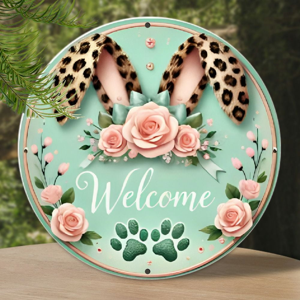 7.8" Round Aluminum Welcome Sign with Easter Bunny Design - Pastel ...