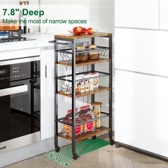 7.8" Slim Rolling Cart, 4-Tier Metal Kitchen Storage Trolley with ...