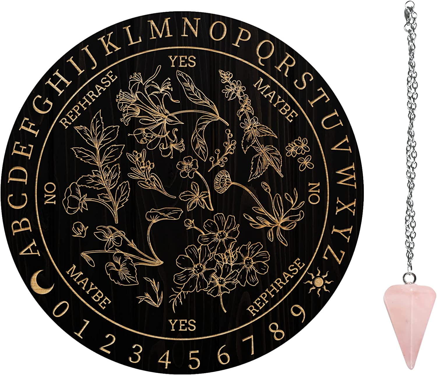 7.8" Witch Pendulum Board Witchcraft Plants Wooden Dowsing Planchette with Rose Quartz Crystal ...