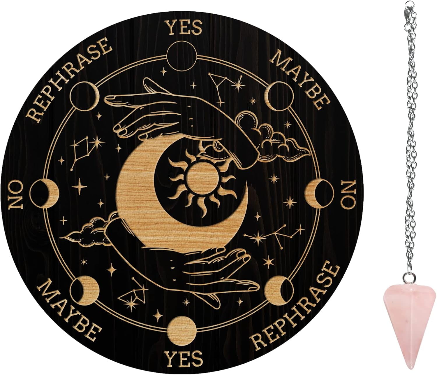 7.8" Witch Pendulum Board, Wooden Dowsing Planchette with Rose Quartz ...