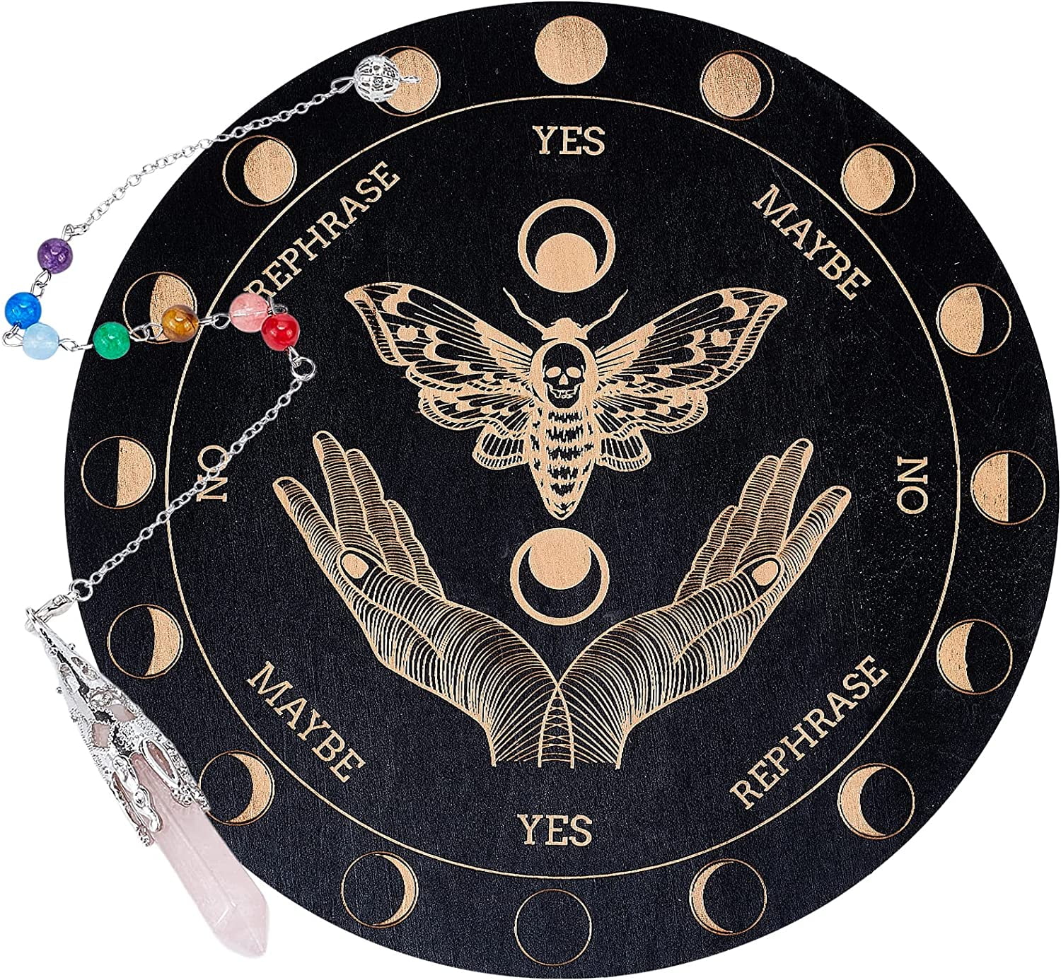 7.8" Witch Pendulum Board Wooden Dowsing Planchette with Rose Quartz ...