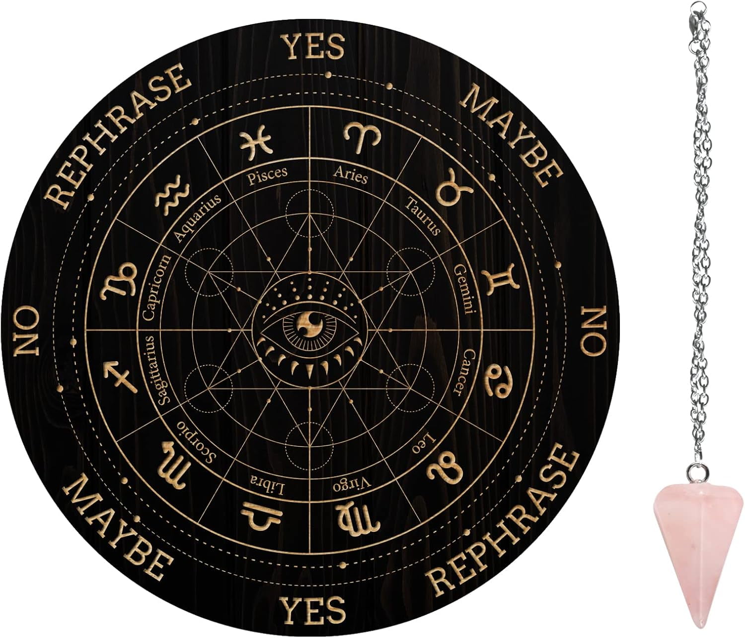 7.8" Witch Pendulum Board Wooden Dowsing Planchette with Rose Quartz Crystal Dowsing Pendulums ...