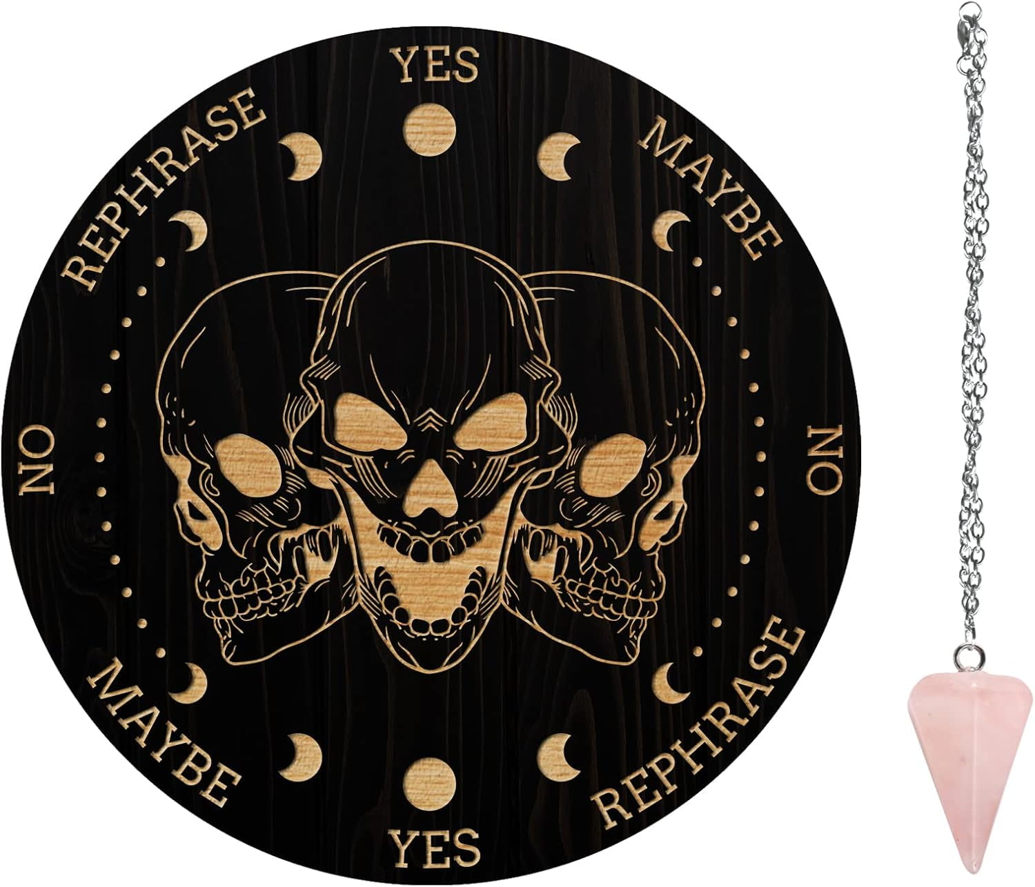 7.8" Witch Pendulum Board Wooden Dowsing Planchette with Rose Quartz Crystal Dowsing Pendulums ...