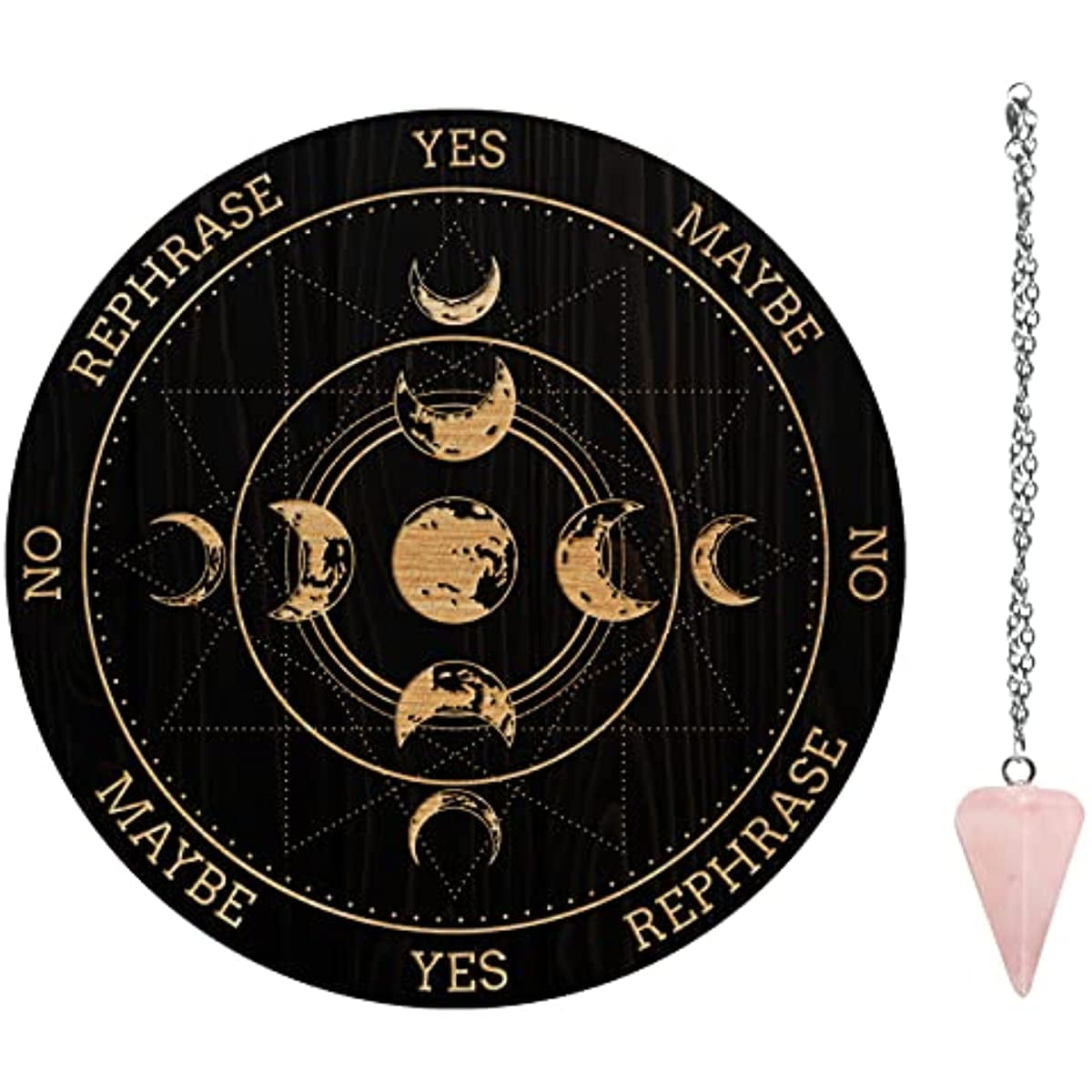 7.8" Witch Pendulum Board Wooden Dowsing Planchette with Rose Quartz Crystal Dowsing Pendulums ...