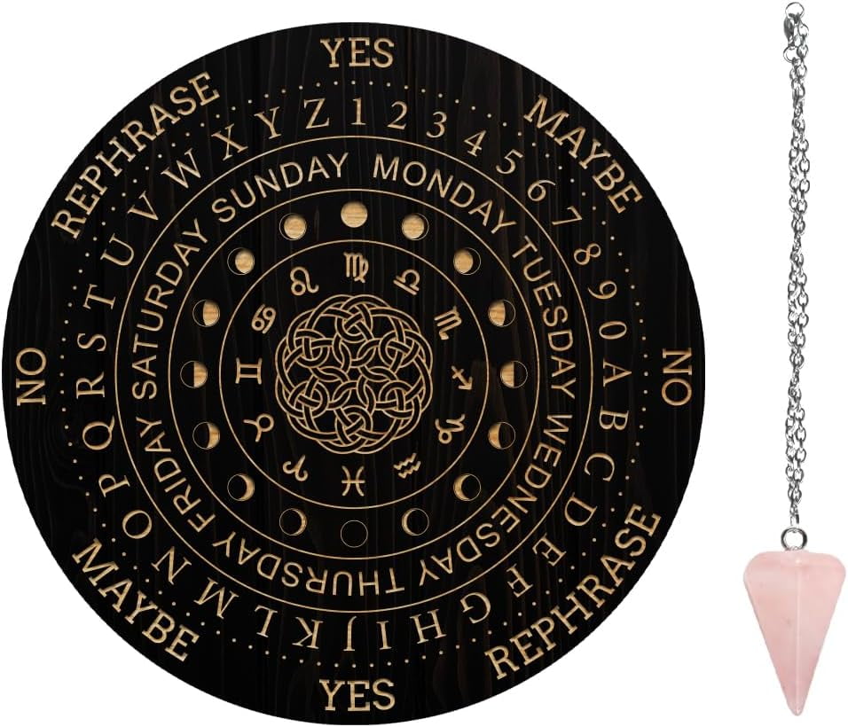 7.8" Witch Pendulum Board Wooden Dowsing Planchette with Rose Quartz Crystal Dowsing Pendulums ...