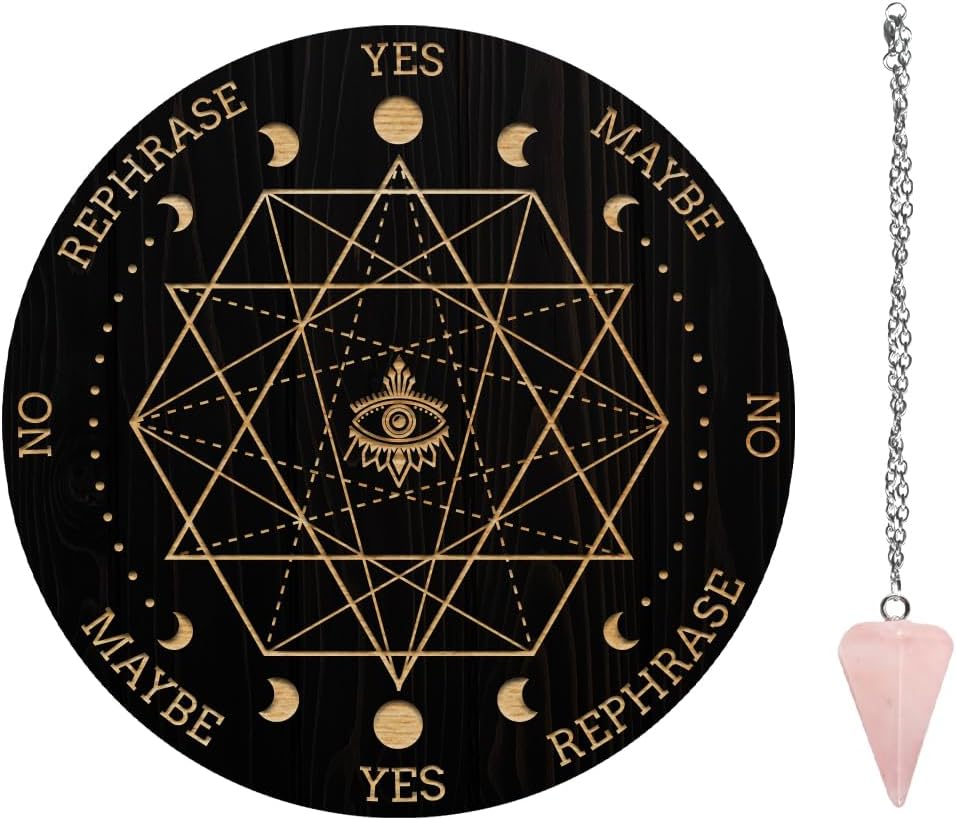 7.8" Witch Pendulum Board Wooden Dowsing Planchette with Rose Quartz Crystal Dowsing Pendulums ...
