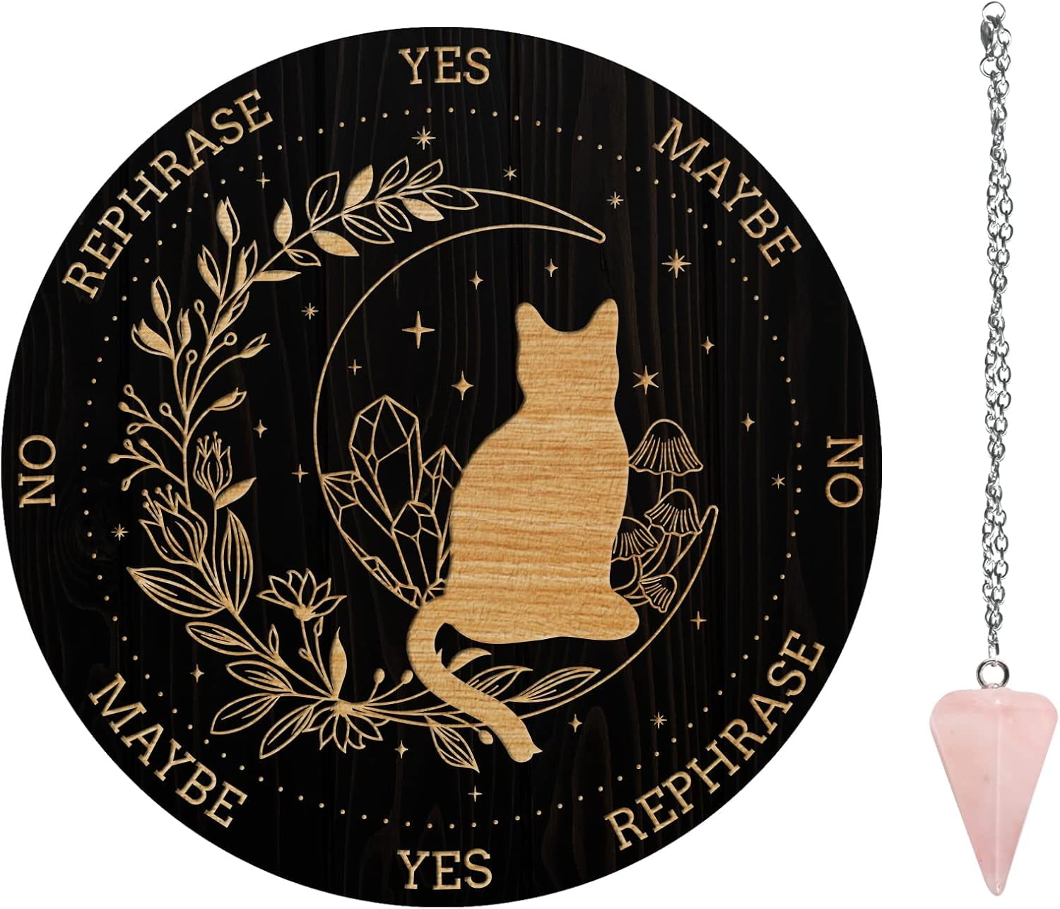 7.8" Witch Pendulum Board Wooden Dowsing Planchette with Rose Quartz ...