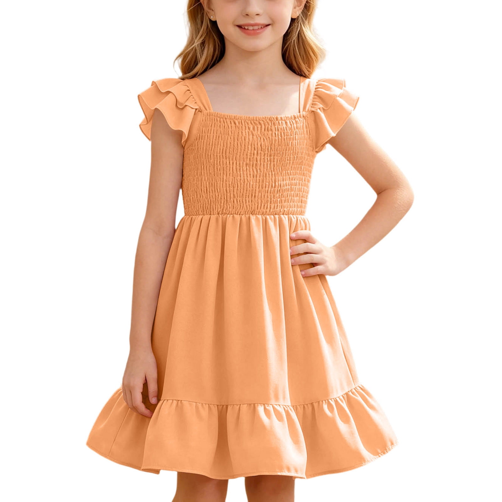 7-8 Years Girls' Dresses Cute Solid Color Short Sleeve Ruffle A Line ...