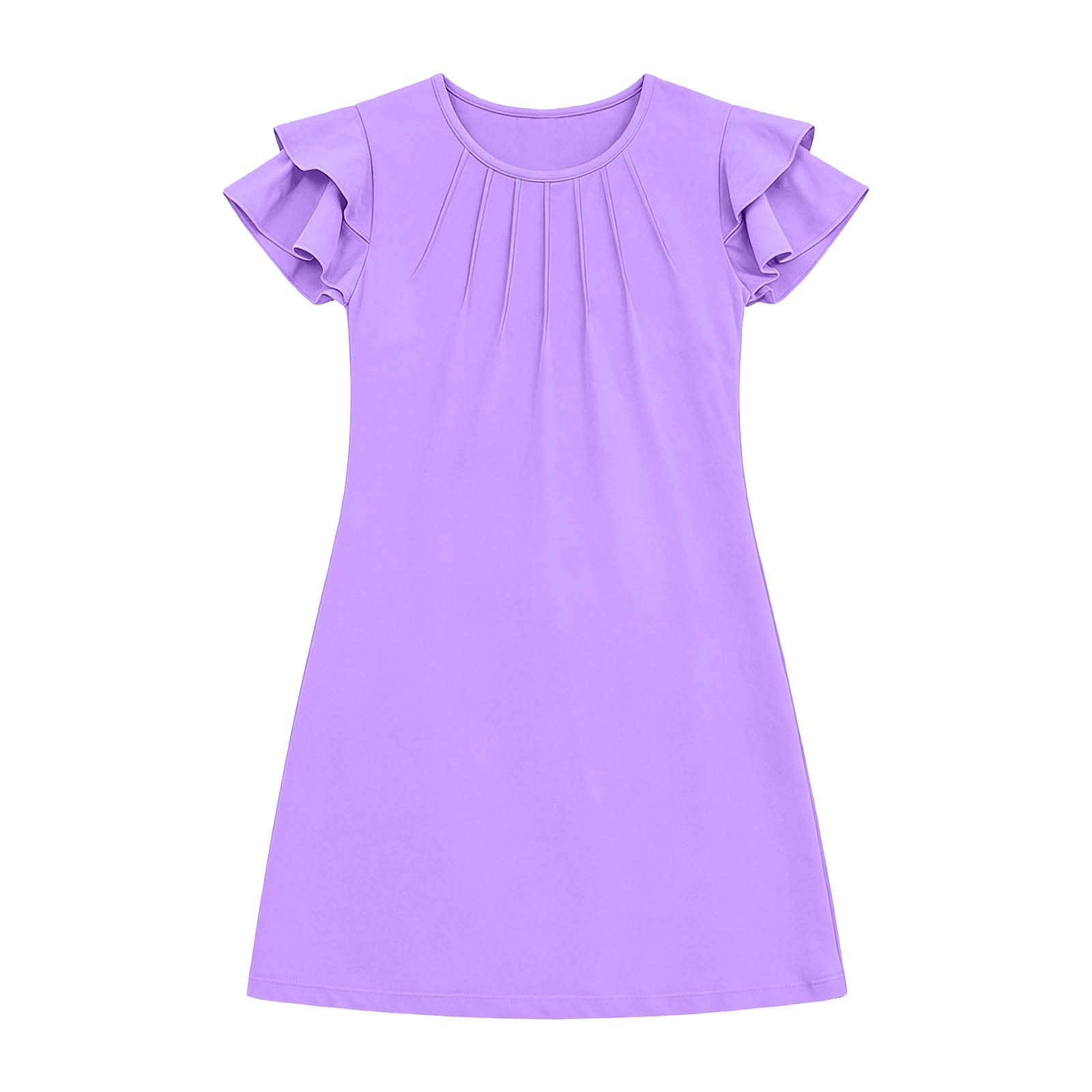 7-8 Years Girls' Dresses Fashion Cute Solid Color Ruffle Short Sleeve ...
