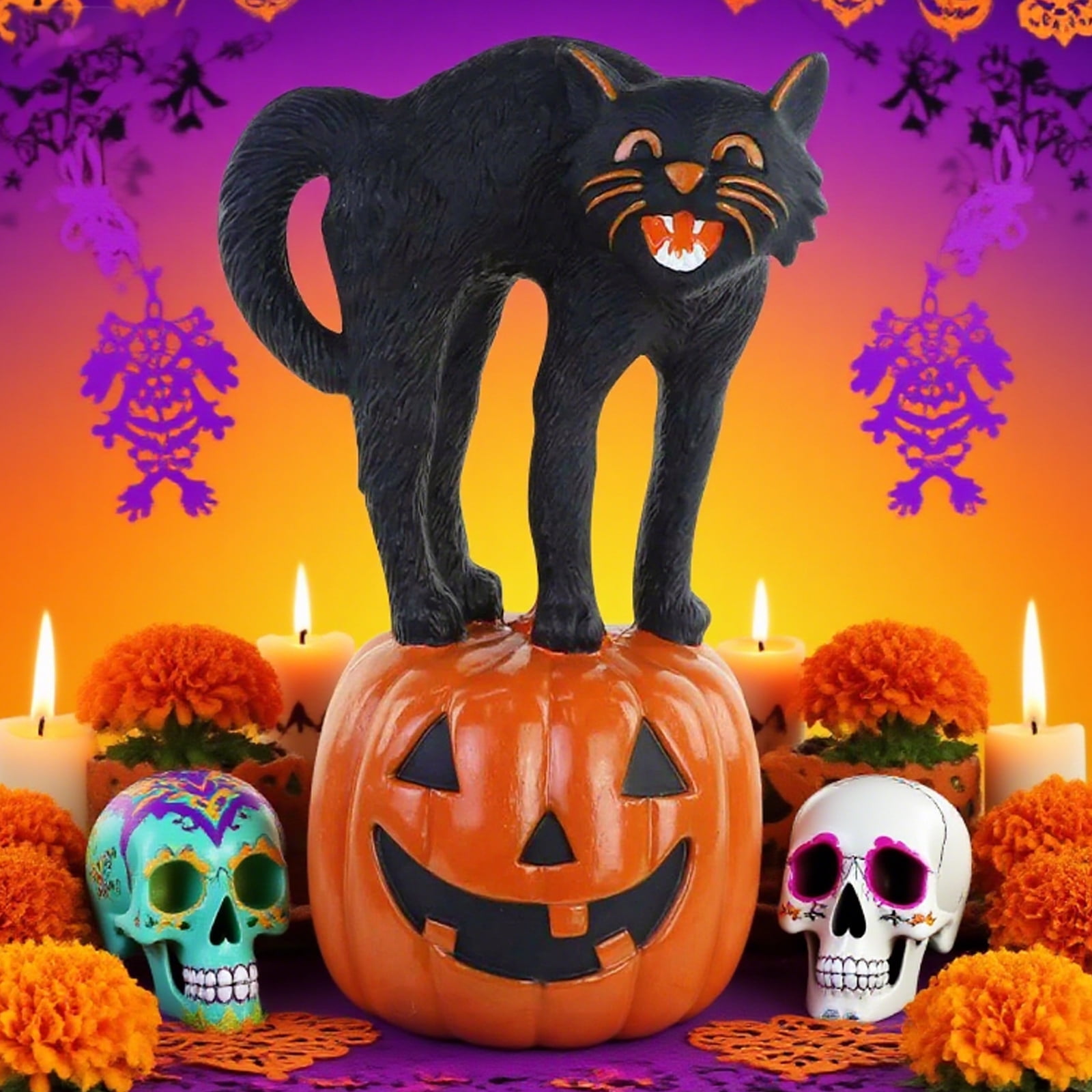7.87" Halloween Cat on Pumpkin Resin Trophy - Spooky Black Cat Figurine ...