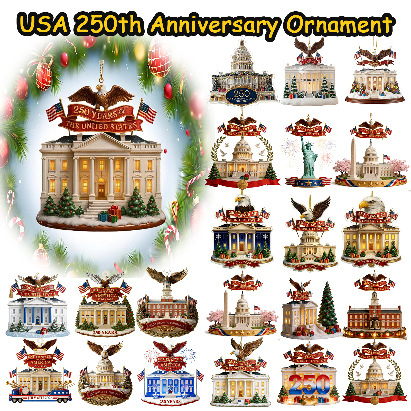 7.87 Inch America 250th Anniversary Ornament 1776-2026 Patriotic ...
