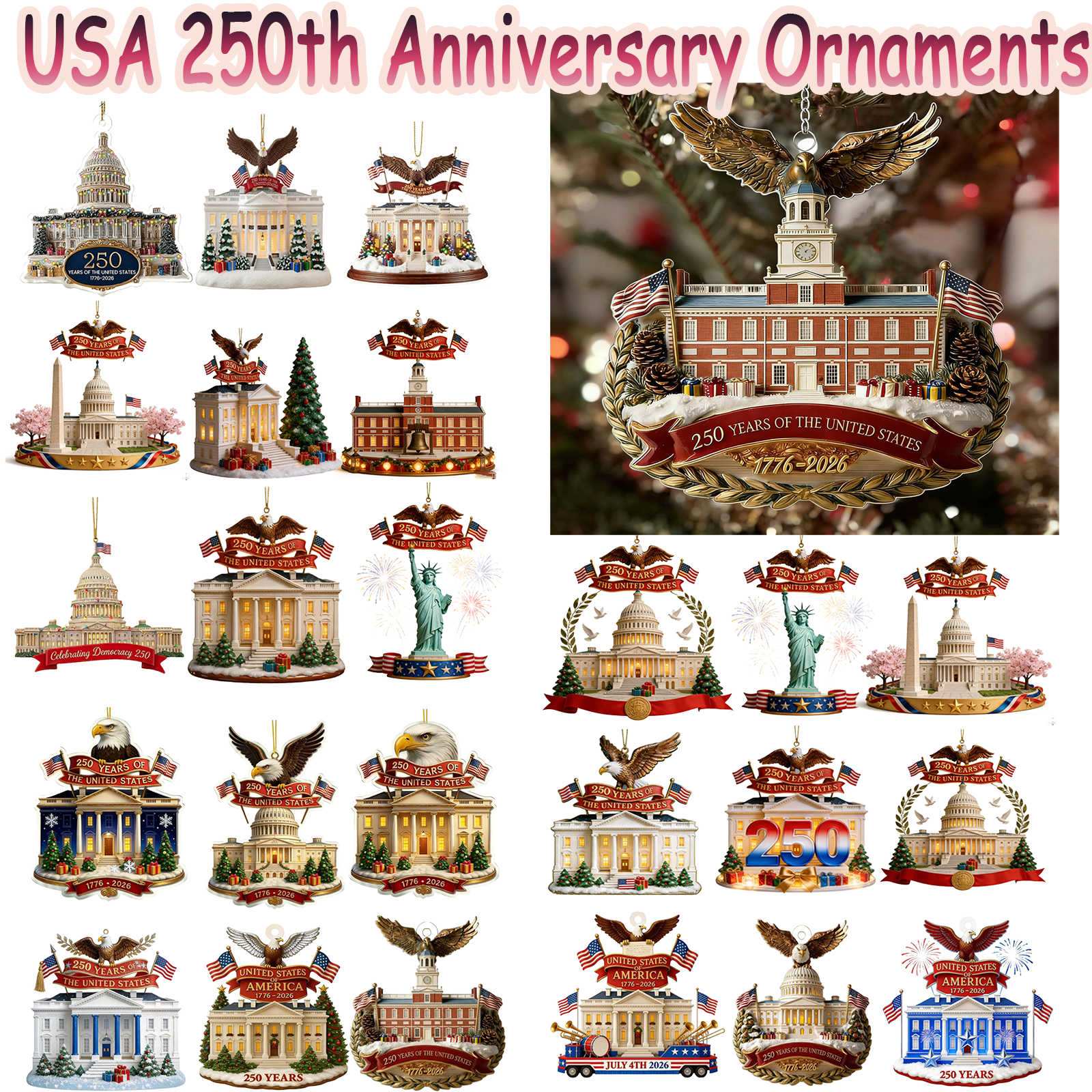 7.87 Inch US 250th Anniversary Ornament Patriotic Bicentennial 1776 ...