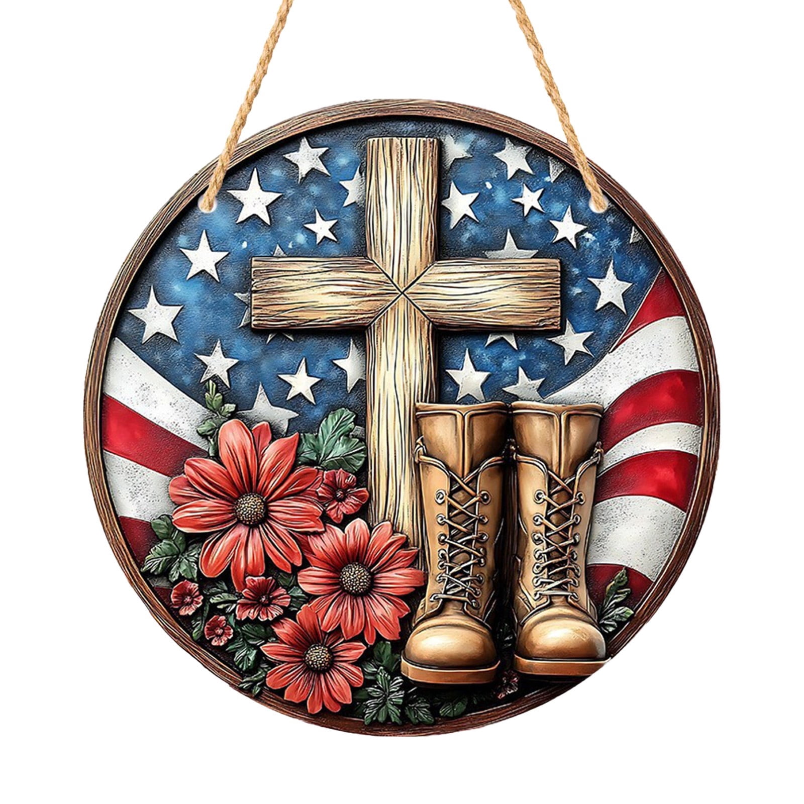 7.87" Patriotic Cross & Boots Round Aluminum Hanging Sign, 4th of July ...