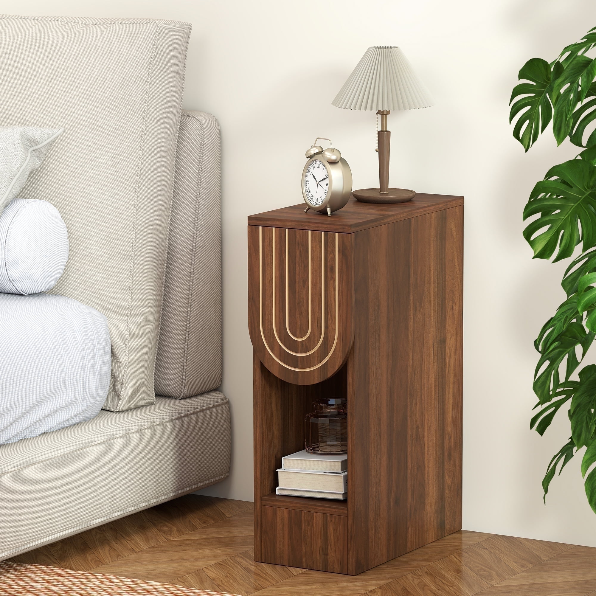 7.87" Ultra Narrow Nightstand with Drawer and Open Shelf, Carved Line ...