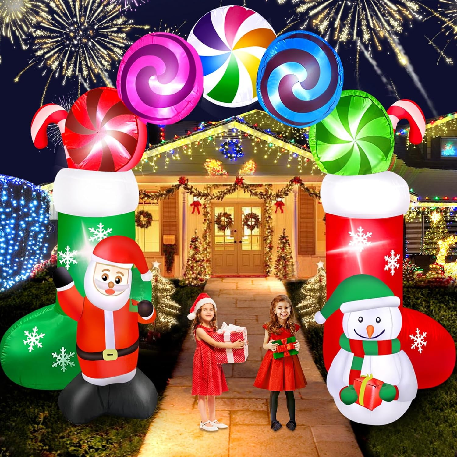 7.8FT Christmas Inflatable Archway, Santa & Snowman Standing with Candy ...