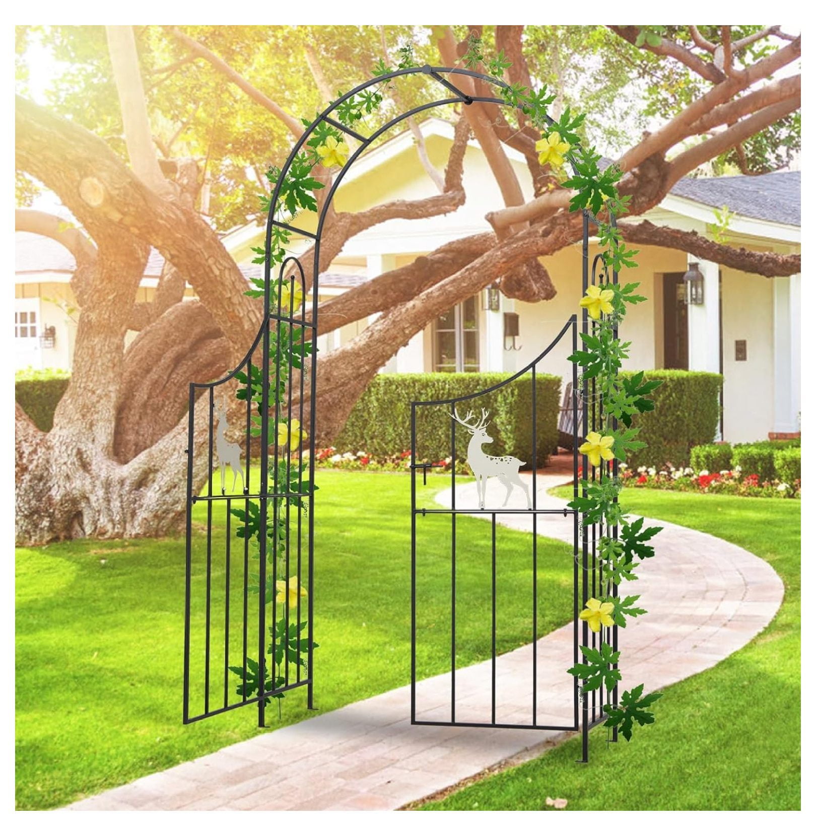 7.8Ft Garden Arch Arbor Trellis with Gate, Heavy-Duty Arbour Pergola ...