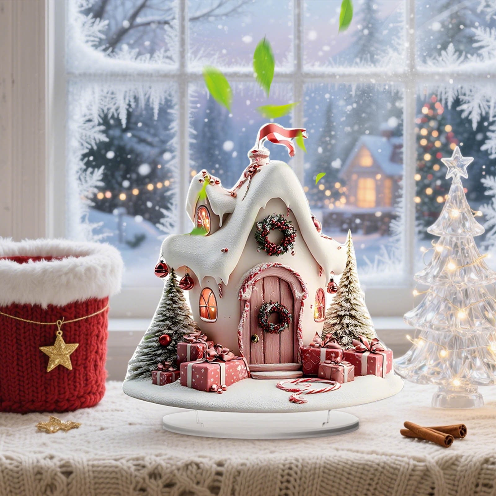 ‌7.8in Acrylic Christmas Tree with Snow House & Gifts - Mini Holiday ...