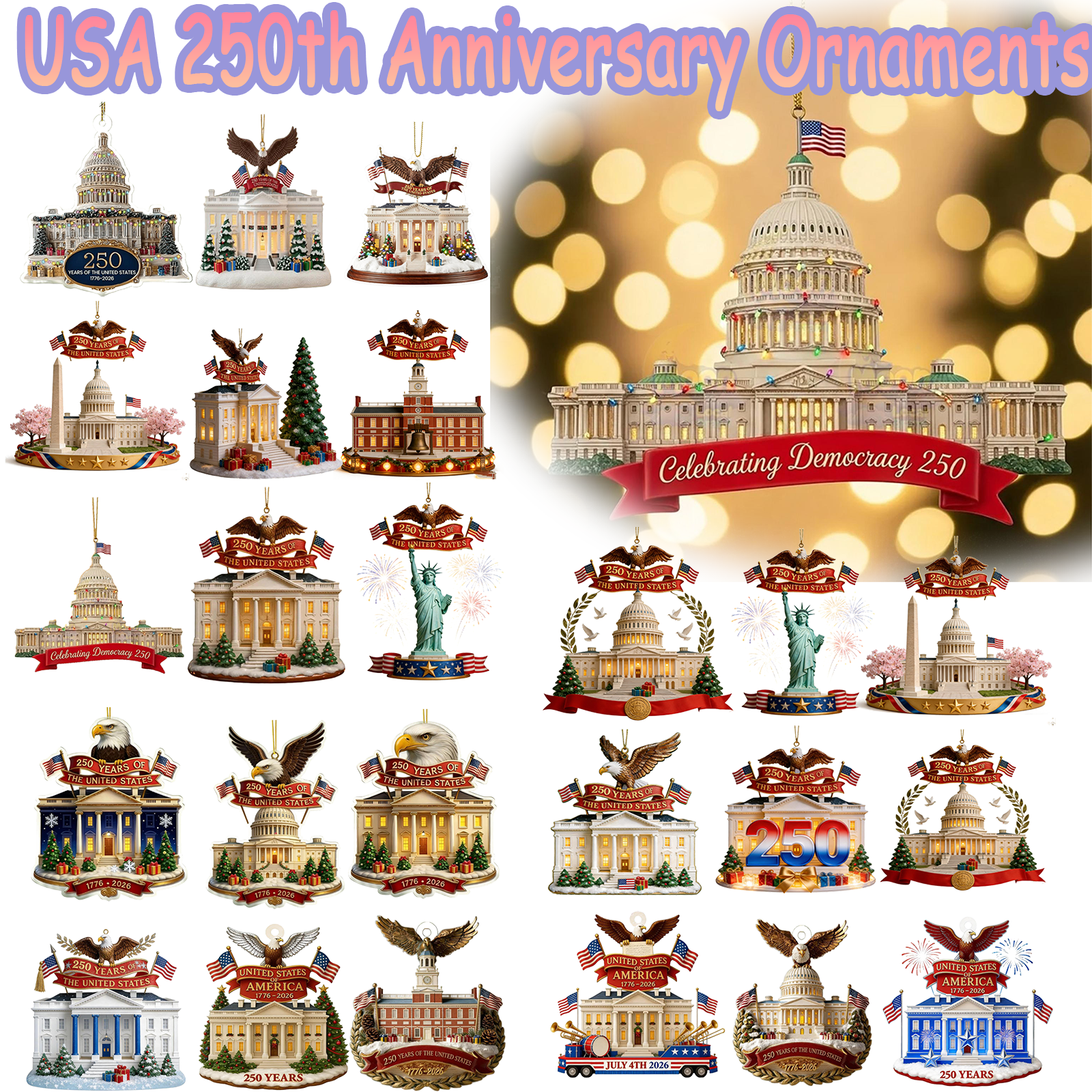 7.9 in America 250 Merchandise 250th Anniversary Ornament 1776-2026, US ...