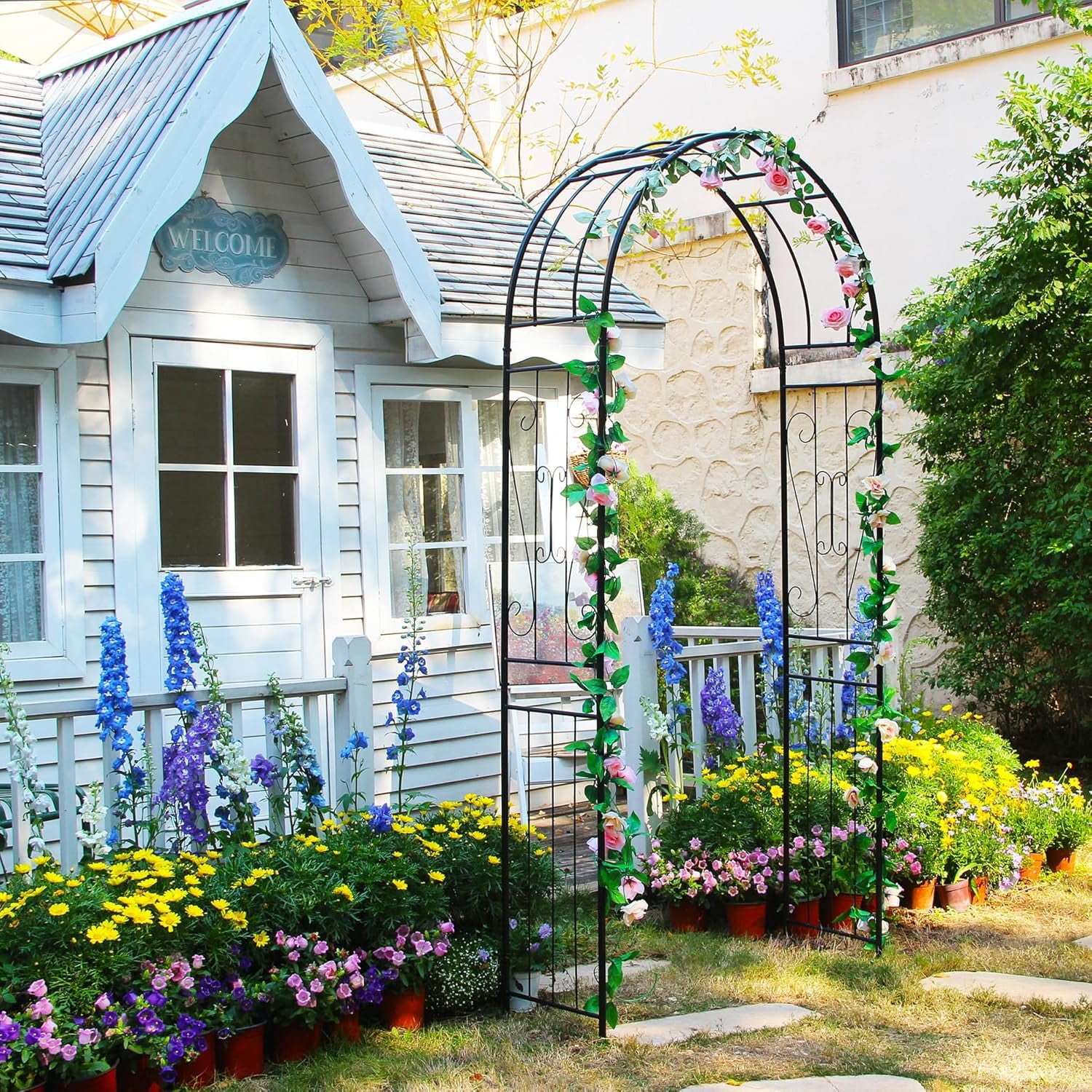 7.9 Ft High x 3.8 Ft Wide Metal Black Garden Arbor Garden Arch Trellis ...