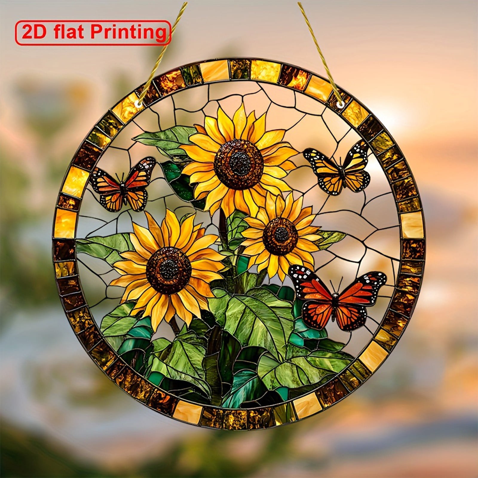 7.9-Inch Sunflower Butterfly Acrylic Suncatcher, Stained-Glass Effect ...