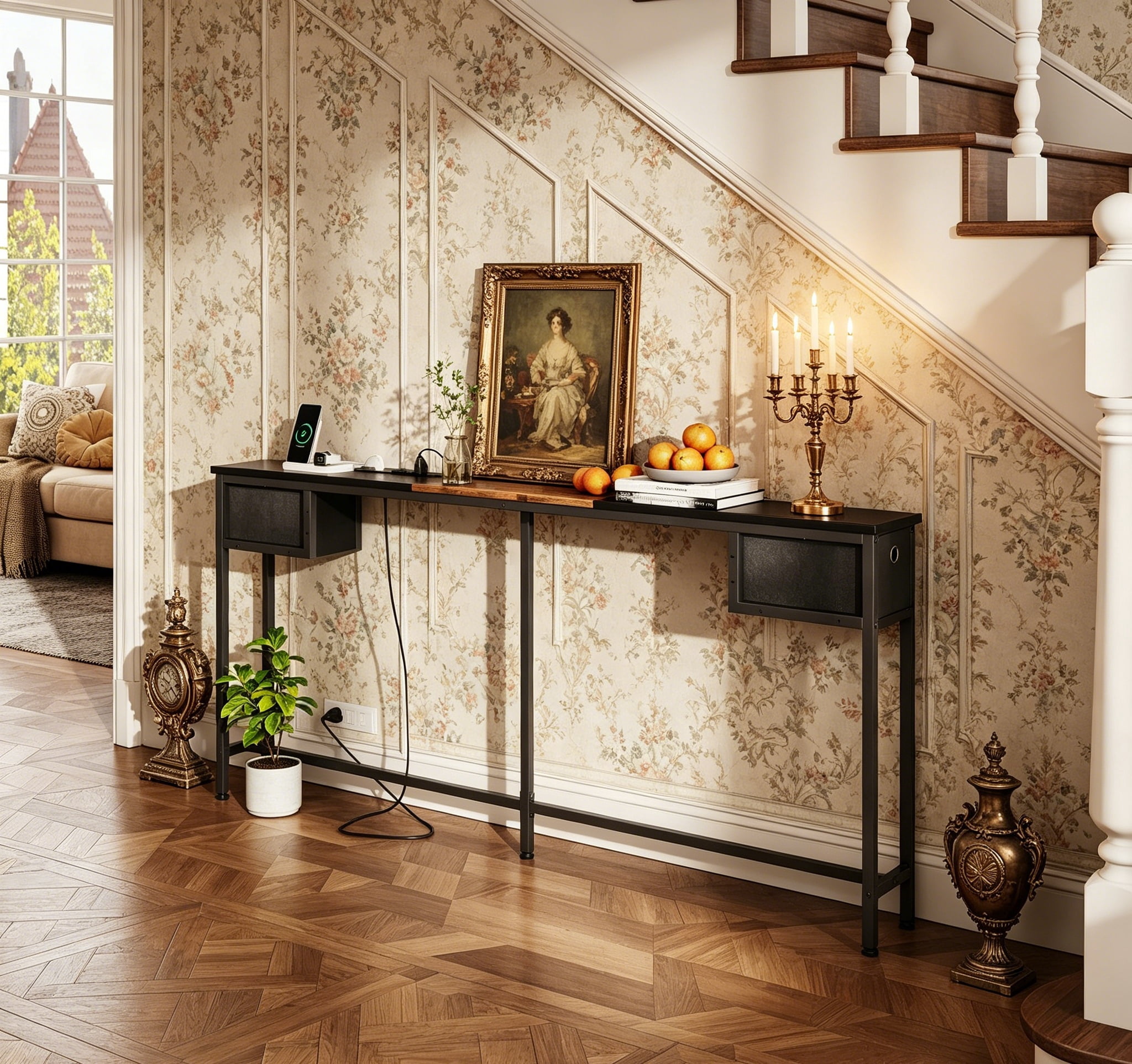 7.9” Narrow Console Table with Outlet, 70.9 Inch Skinny Sofa Table Long ...