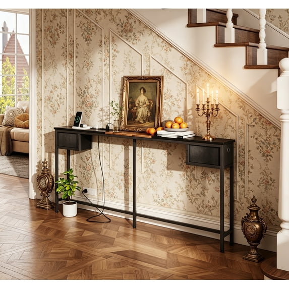 7.9” Narrow Console Table with Outlet, 70.9 Inch Skinny Sofa Table Long ...
