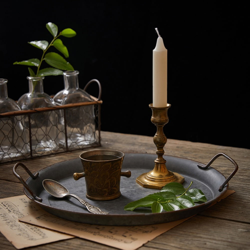 7.9" Round Simulation Rusty Metal Serving Tray with Handles Vintage ...