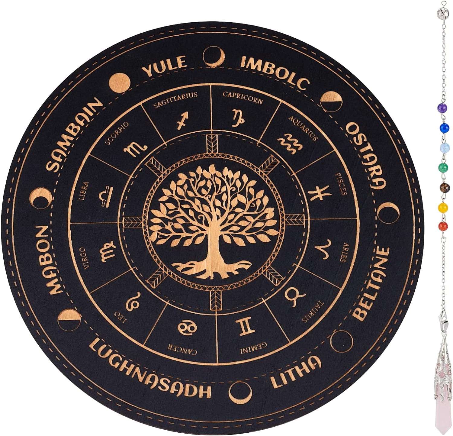 7.9" Wheel of The Year Wiccan Calendar Wood Engraved Board with Tree of ...
