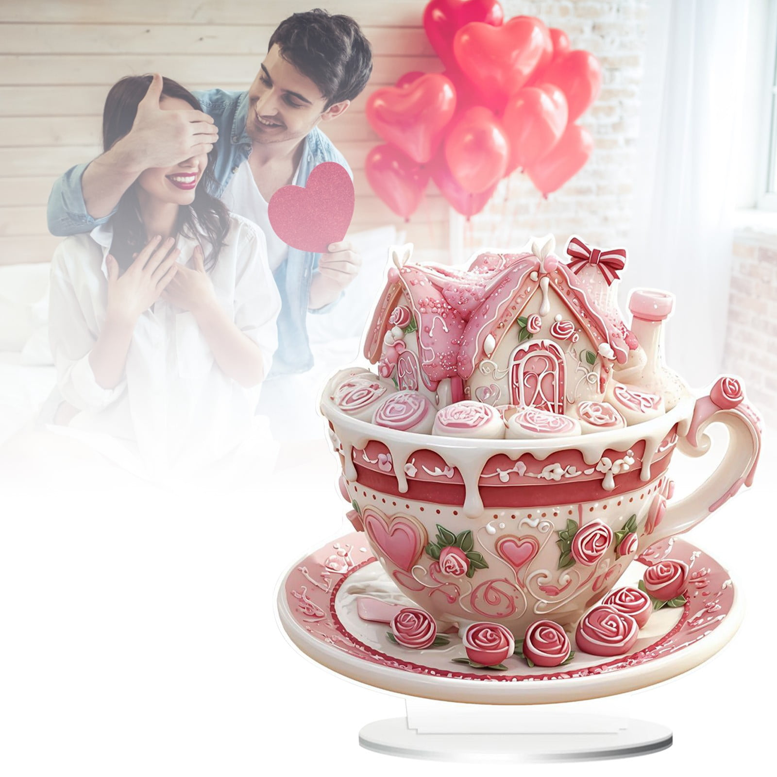 7.9 inch Valentine's Day Table Decorations 2D Acrylic Pink Rose Teacup ...