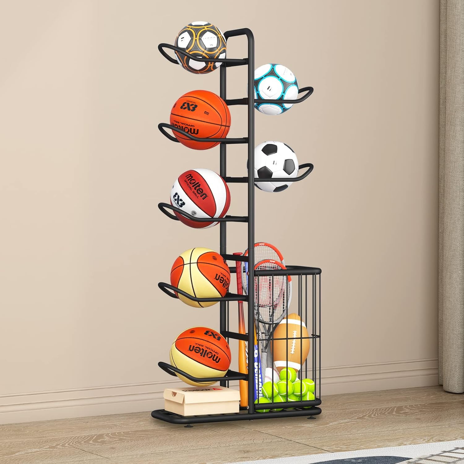 7-Ball Sports Equipment Storage Rack with Ball Holder and Basketball ...