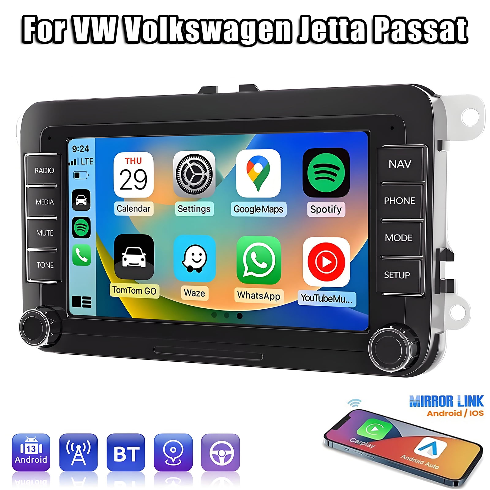 7” Car Radio for VW Volkswagen Jetta Passat with Wireless Apple CarPlay ...