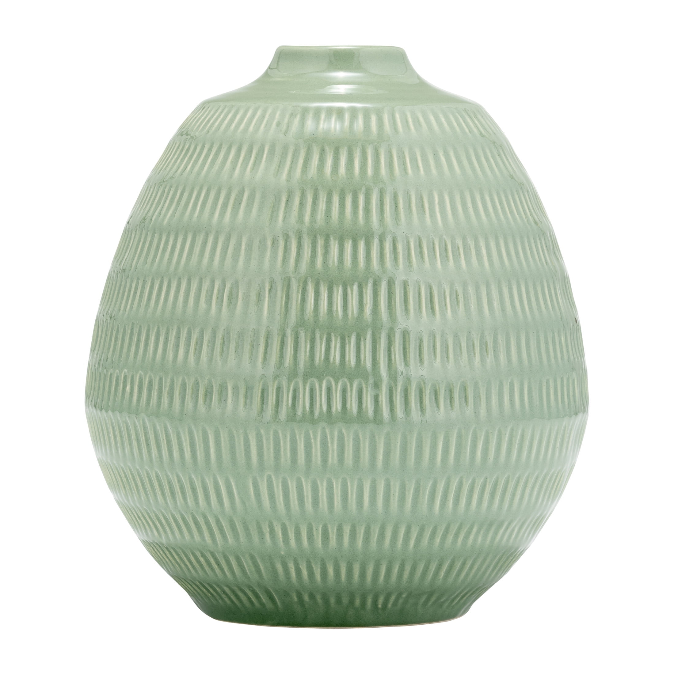 7" Ceramic Oval Vase - Contemporary Dark Sage Green Etched Stripe ...
