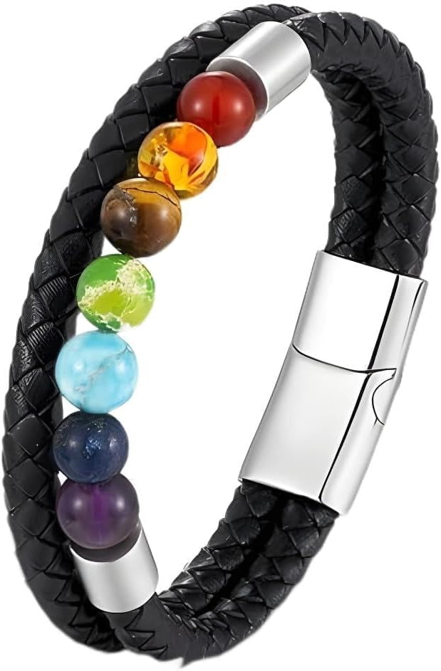 7 Chakra Bracelet With Genuine Leather Men Women Natural Crystal ...