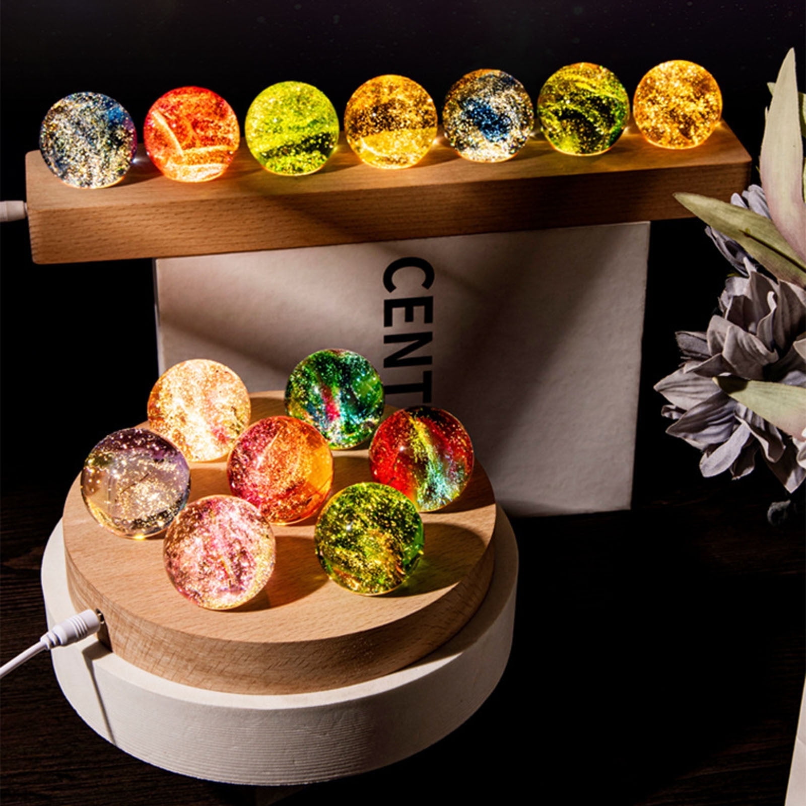 7 Chakra Natural Healing Spheres with LED Wooden Stand 40mm Crystal ...