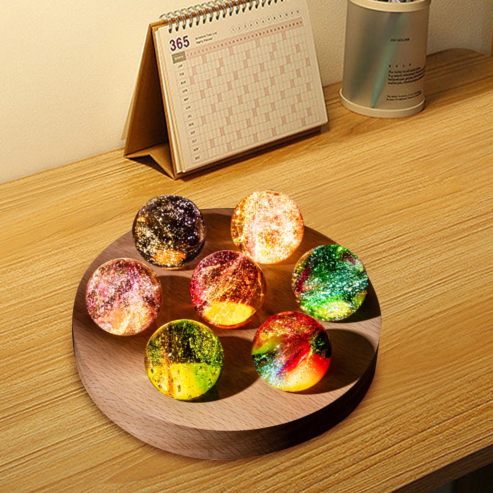 7 Chakra Natural Healing Spheres with LED Wooden Stand 40mm Crystal ...