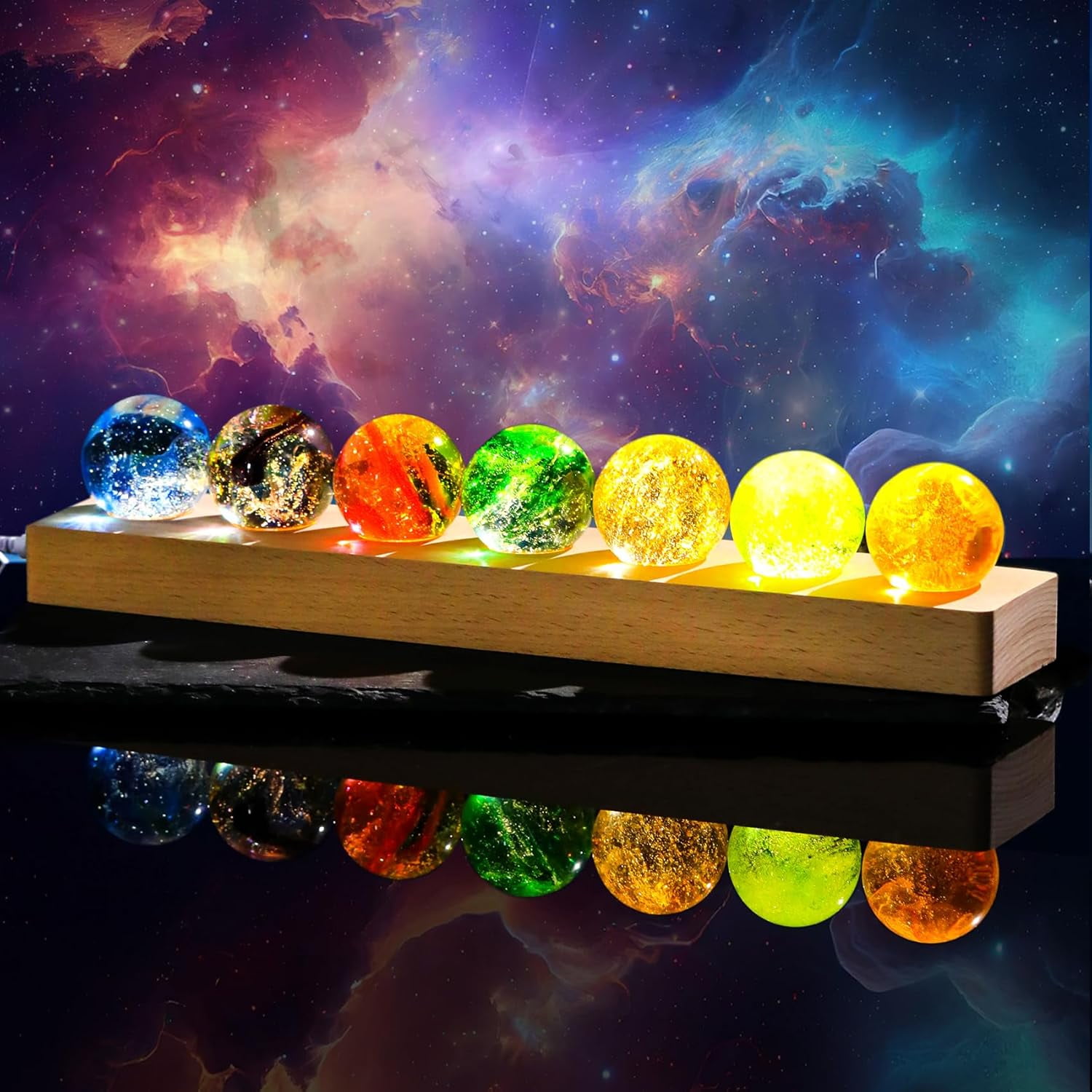 7 Chakra Natural Healing Spheres with Wooden LED Light Base Crystal ...