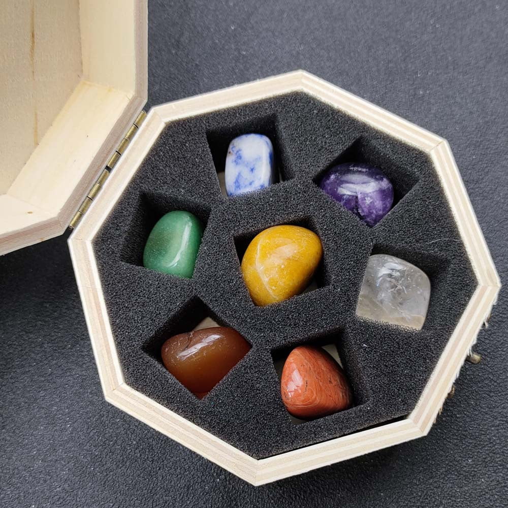 7 Chakra Natural Mixed Stone Crystal Ball with Octagon Wooden Box Reiki ...