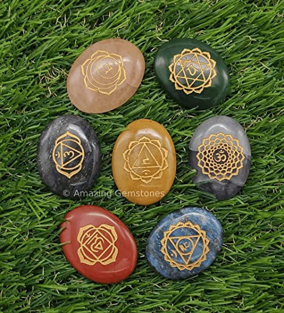 7 Chakra Oval Set Reiki Healing Crystal with Engraved Chakra OM Symbols ...