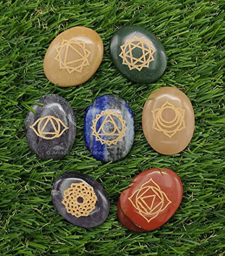 7 Chakra Oval Set Reiki Healing Crystal with Engraved Chakra Symbols ...