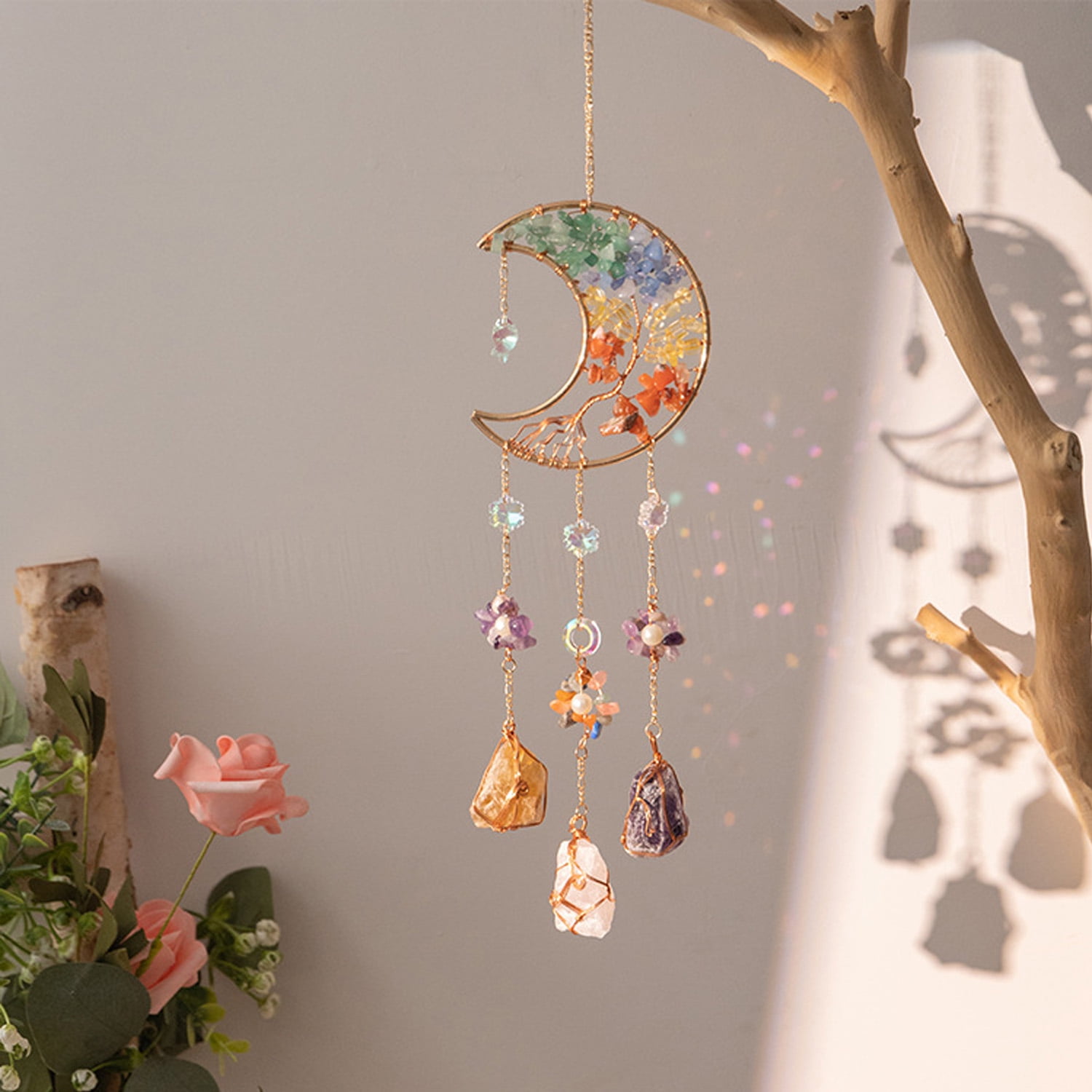 7 Chakra Tree of Life Dream Catchers Crystal Moon Suncatcher Window ...