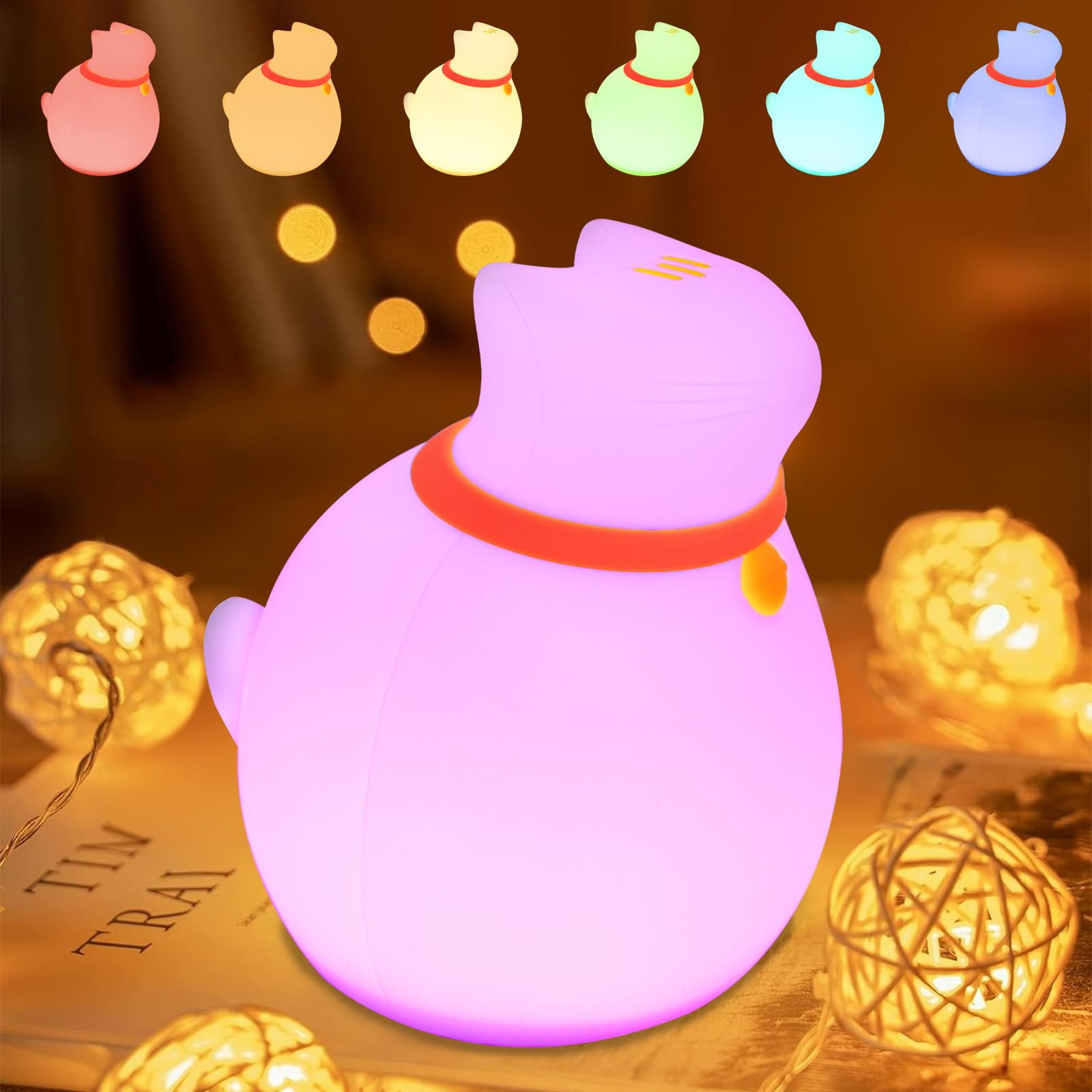 7-Color Changing Cat Night Light, Silicone Rechargeable Nursery Light ...