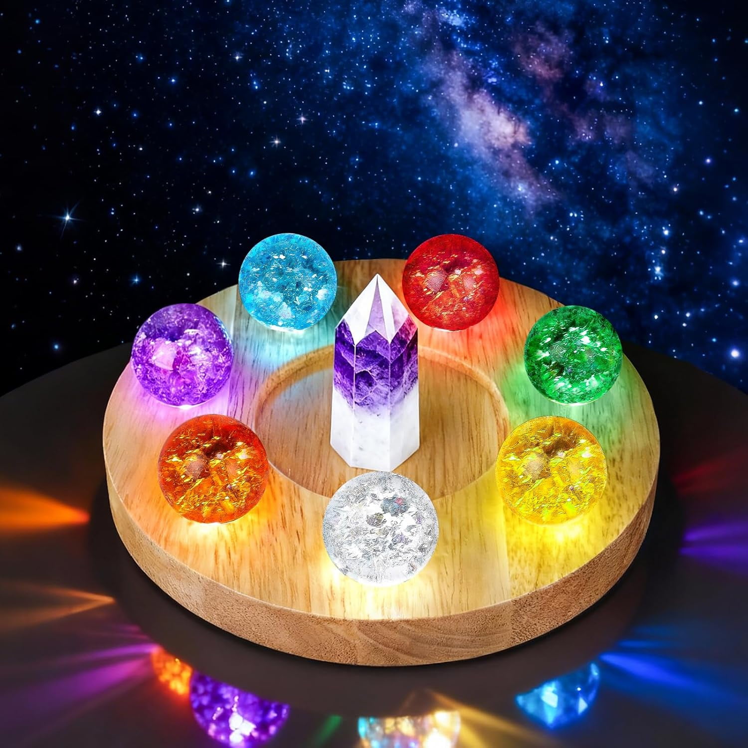 7 Colors HXIULINling Crystal Balls Set with LED Wooden Base, 1.57'' Ice ...