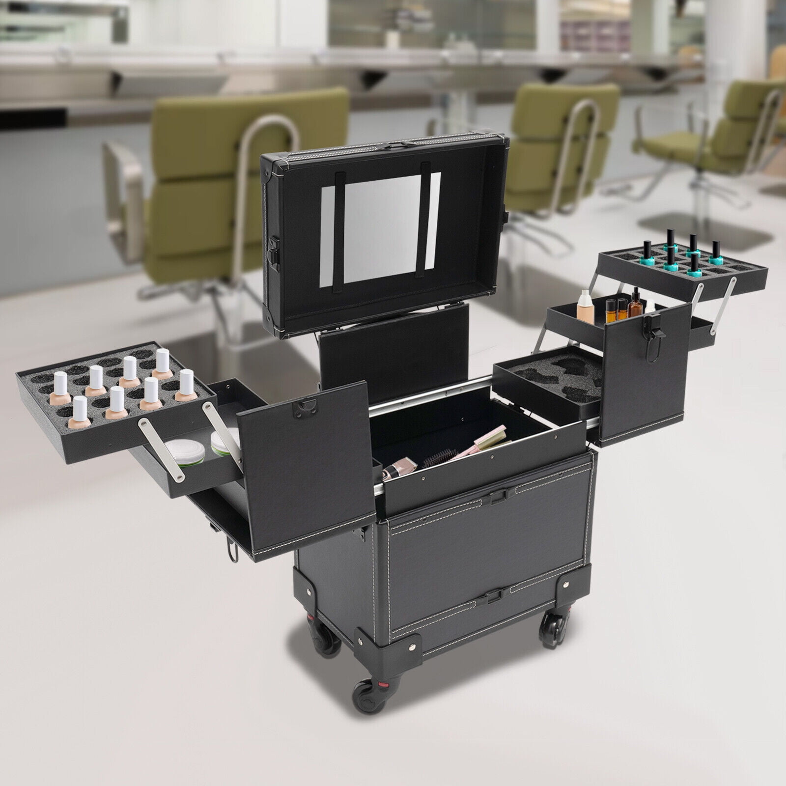 7-Compartment Rolling Makeup Train Case Beauty Trolley Cosmetic ...