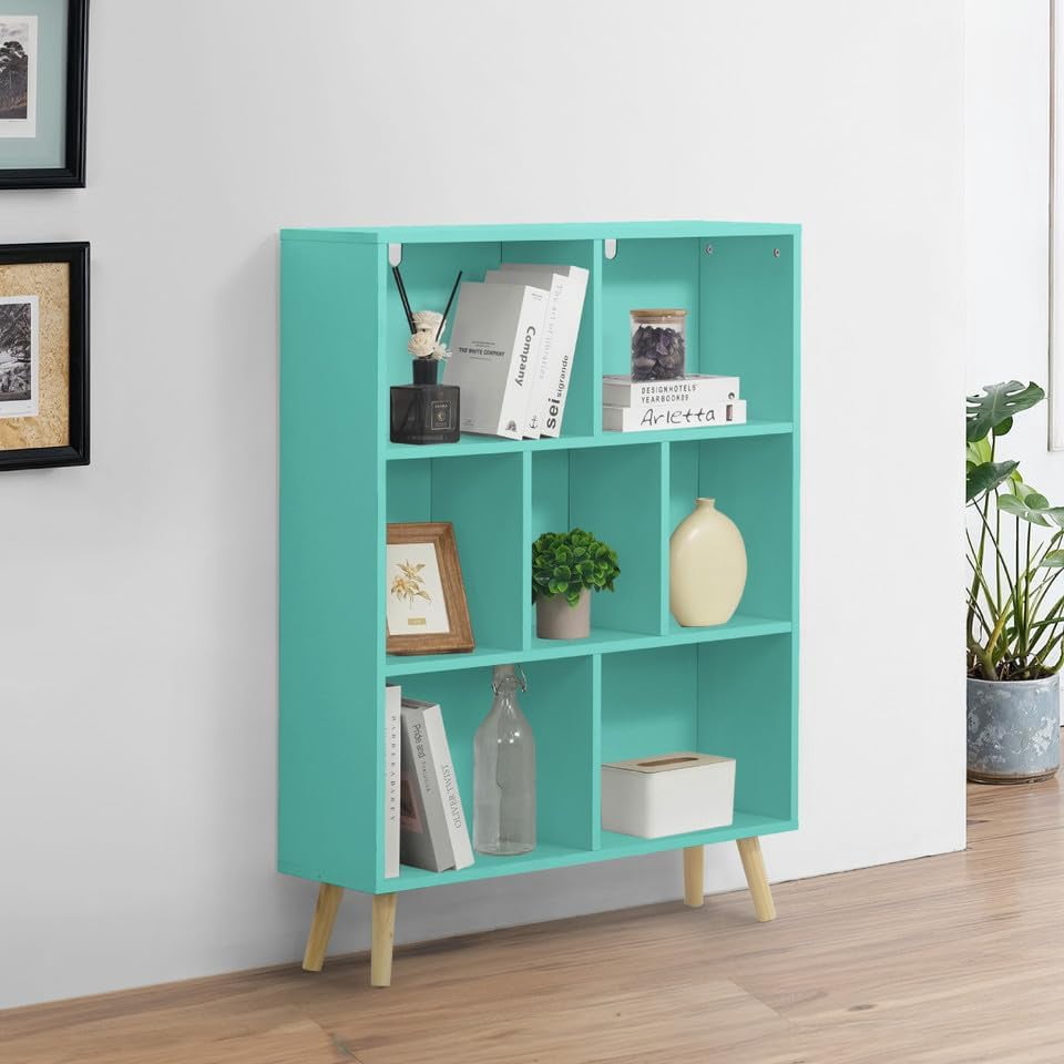 7 Cube 3 Tier Mid Century Bookshelf, 32” Wide Wooden Cube Storage ...