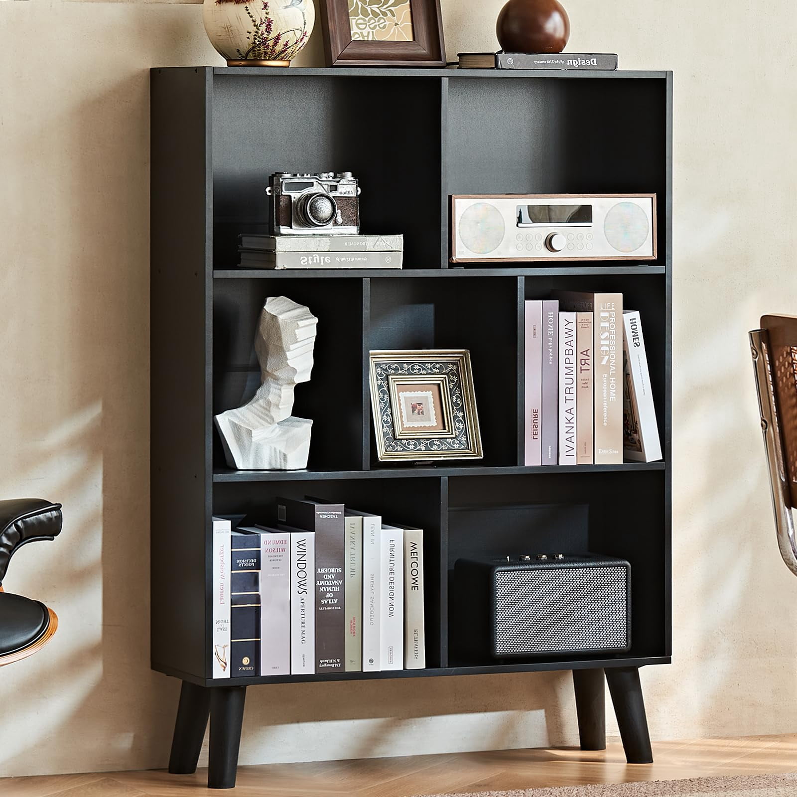 7 Cube Black Bookshelf 3 Tier Modern Bookcase With Wood Cubeicals ...